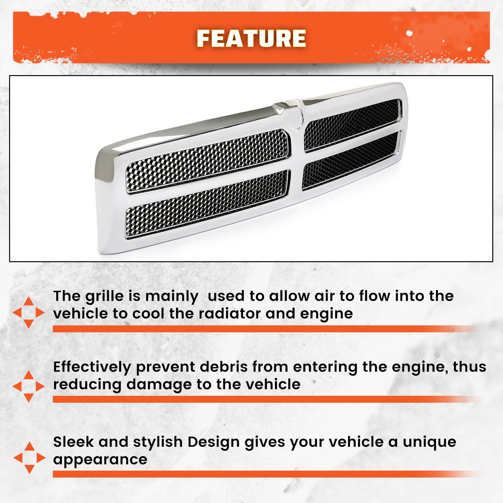 ECOTRIC Front Grille Compatible with 1994-2002 Dodge Ram 1500 2500 3500 Chrome w/Honeycomb Upper Grille Replacement for CH1200178 55055252