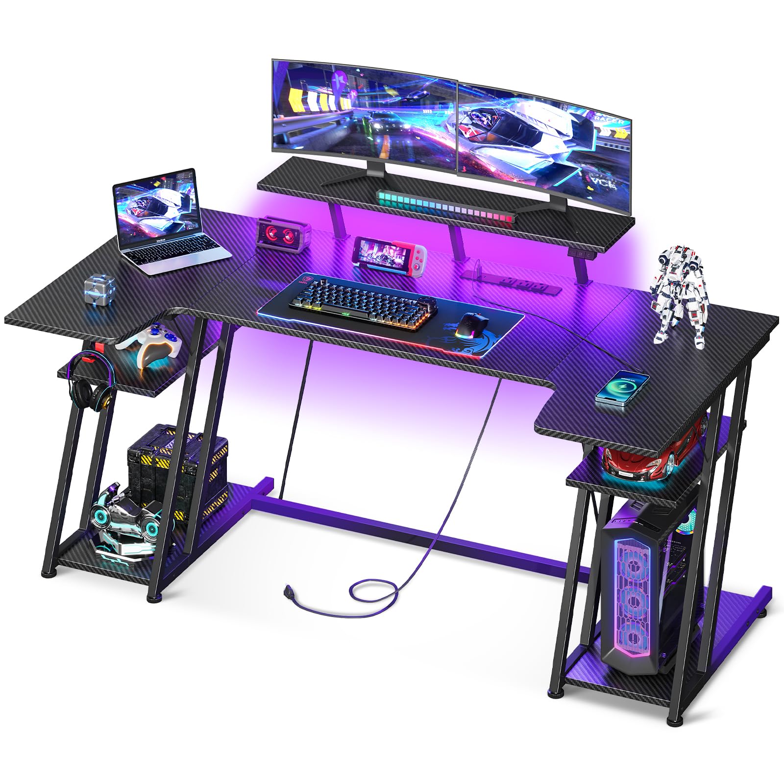 MOTPK Gaming Desk with LED Lights, 60 Inch U Shaped Desk with Power Outlet, Gaming Computer Desk with Storage Shelves, PC Gaming Table with Monitor Stand&Headphone Hook, Carbon Fiber Texture, Black