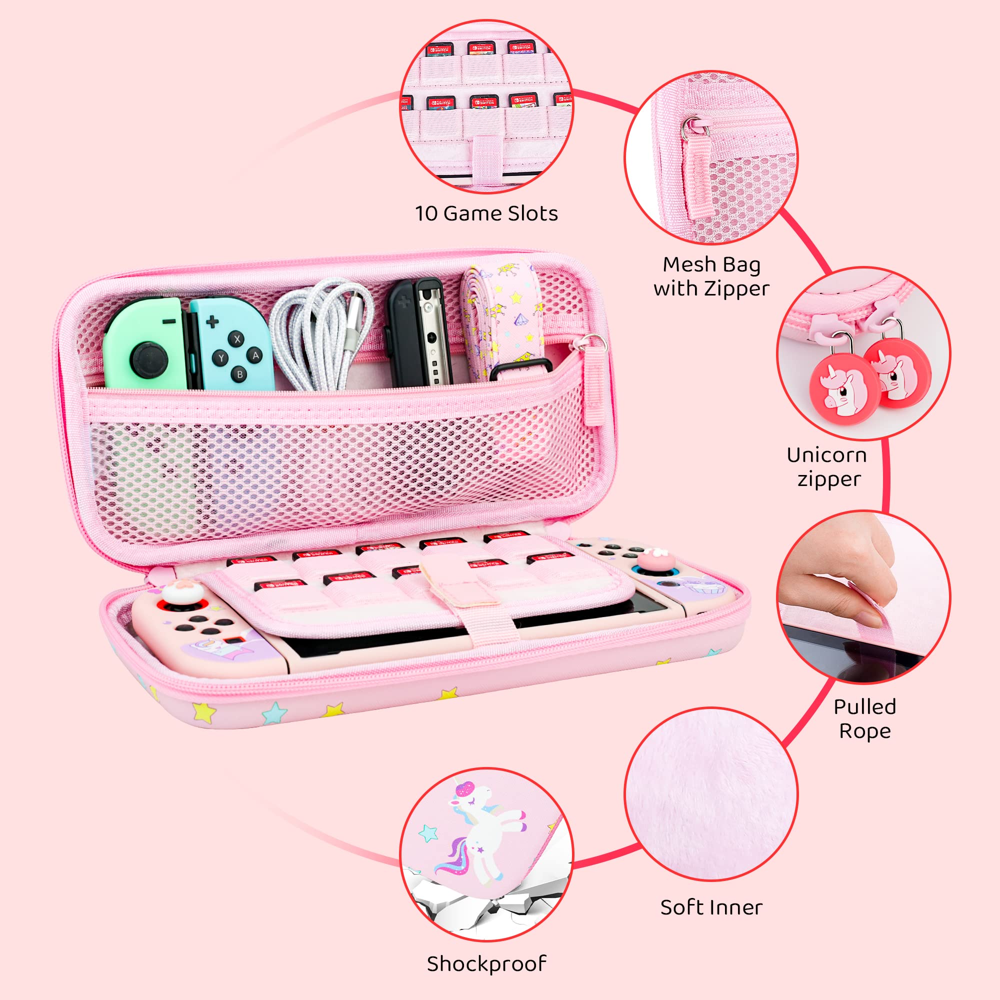 GLDRAM Unicorn Case for Nintendo Switch Accessories, Pink Carrying Case Bundle with Travel Bag, Soft TPU Cover, Screen Protector, Paw Thumb Grip Caps, Shoulder Strap, Cute Switch Kit for Girls