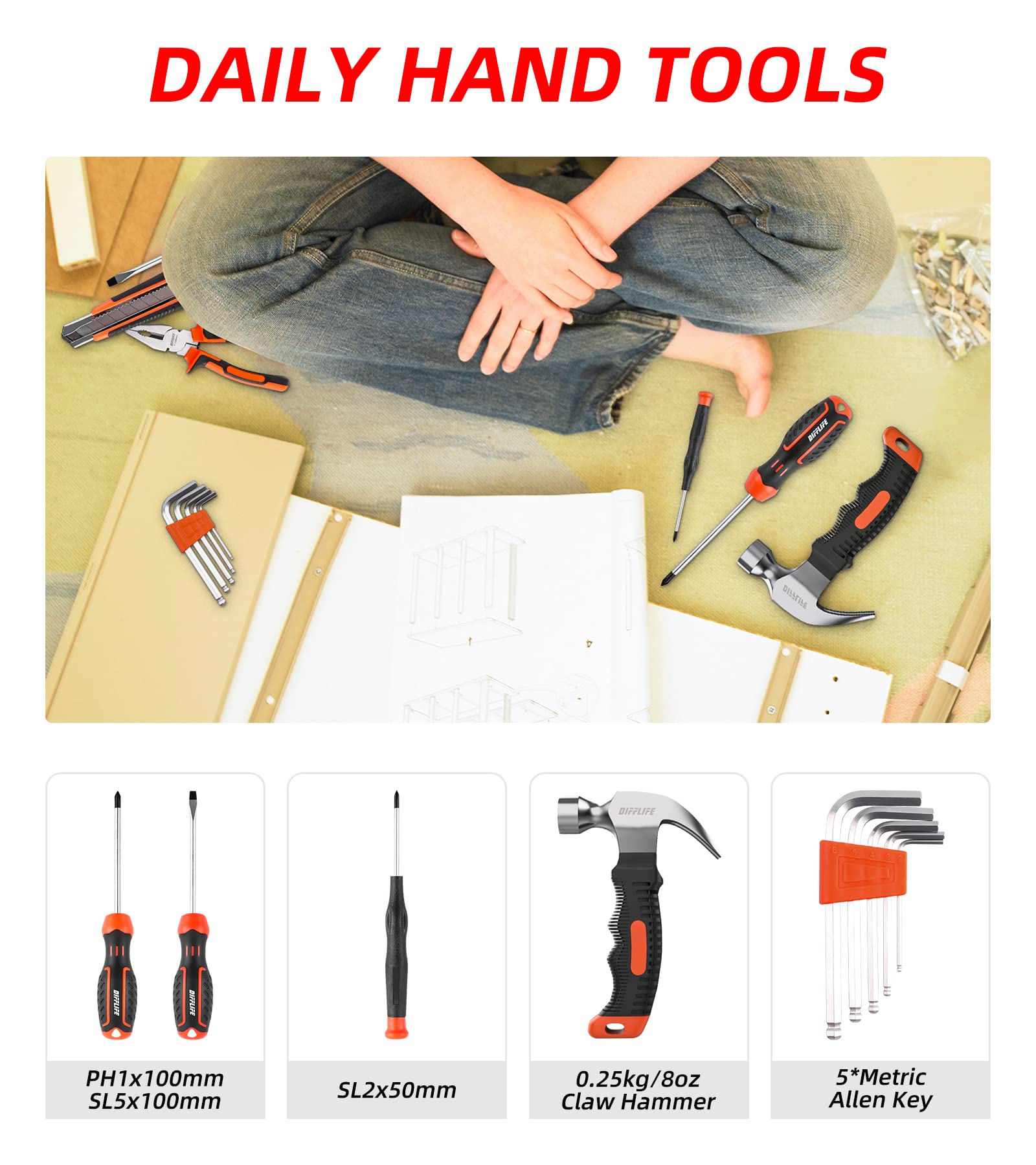 DIFFLIFE Tool Sets Household Tool Kit 15-Piece,General Home/Auto Repair Tool Set with Hammer, Pliers, Screwdriver Set and Toolbox Storage Case - Perfect for Homeowner, Diyer, Handyman (15-Piece)…