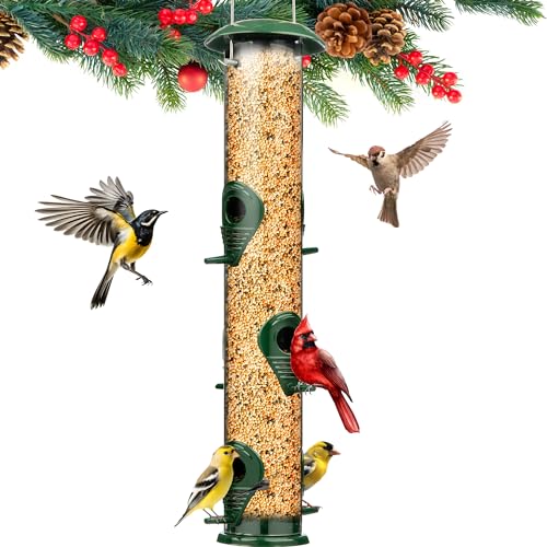 Gray Bunny Metal Bird Feeders for Outdoors Hanging, 6-Port Metal Bird Feeder Tube, Durable, Chew-Proof and Rust-Proof, 16 Inches