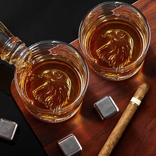 HAUNIO Whiskey Glasses Set of 4, 10 Oz Old Fashioned Crystal Whiskey Glasses with Eagle Pattern, Thick Bottom and Luxury Box for Scotch, Bourbon, Liquor, Cognac and Cocktails, Gifts for Father Men