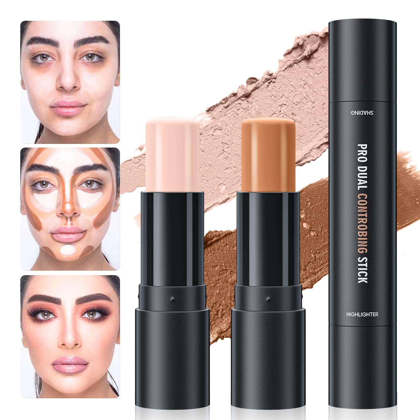Double-End Contour Stick Highlighter Stick - Waterproof Concealer & Bronzer Contouring Stick, Face Makeup Brightens & Shades Pencil for Face Body, Long-Lasting Smooth Professional Cream Stick Set (01#Ivory+Dark Brown)