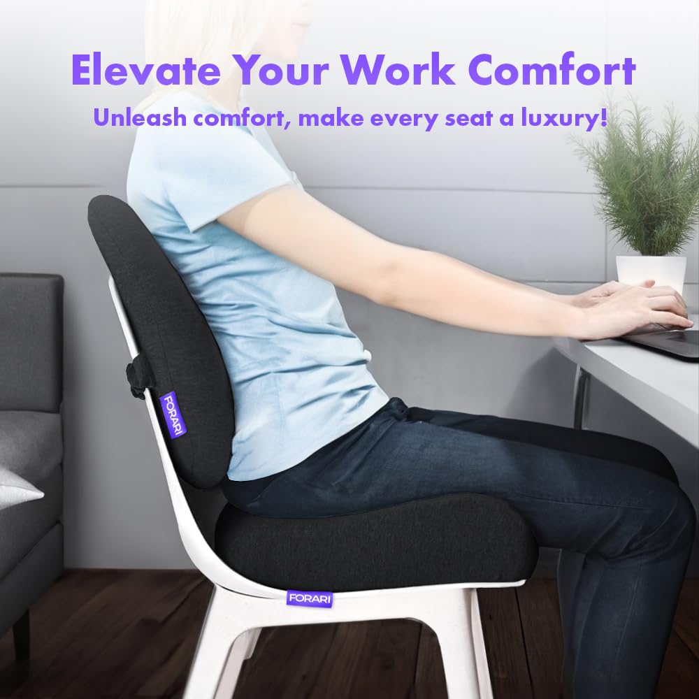 FORARIĀ® Patented Seat Cushion for Desk Chair - Firm & Thick, Best for Back & Hip Pain Relief, Comfort for Long Sitting, with Never-Flat Gel Insert - Coccyx, Sciatica, Tailbone (Black)