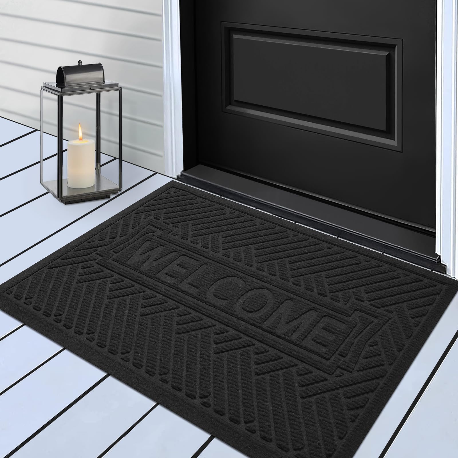 HIYARD Front Door Mat Indoor Outdoor Entrance, Absorbent Resist Dirt Outdoor Welcome Mats, Non Slip Indoor Outdoor Door Mats, Fade Resistant, Low Profile Doormat for Entryway, 29×17, Black