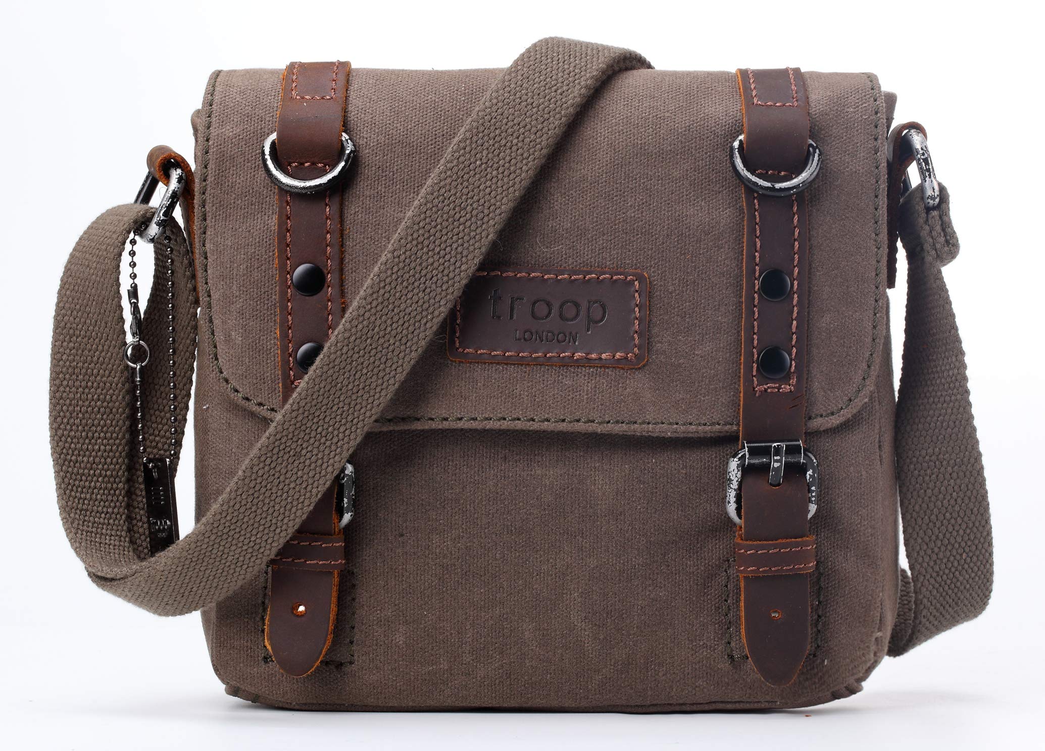 Troop London Heritage Canvas Leather Shoulder Bag, Across Body Bag, Smart Small Travel Bag TRP0428 (Olive)