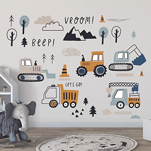 Mulaibdin 37 pcs Cartoon Bulldozer Digger Wall Stickers, Adorable Baby Boys Room Decor, Hand-Painted Style Crane Truck Wall Decals for Bedroom Nursery, Construction Wall Murals Peel and Stick (37PCS)