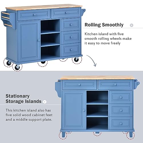 OTRIEK Kitchen Island, Kitchen Cart for Home with Rubber Wood Desktop, Rolling Serving Utility Trolley Cart on Wheel with Storage and 5 Draws, Kitchen Serving Cart for Dining Room, Bar (AAG-Blue)