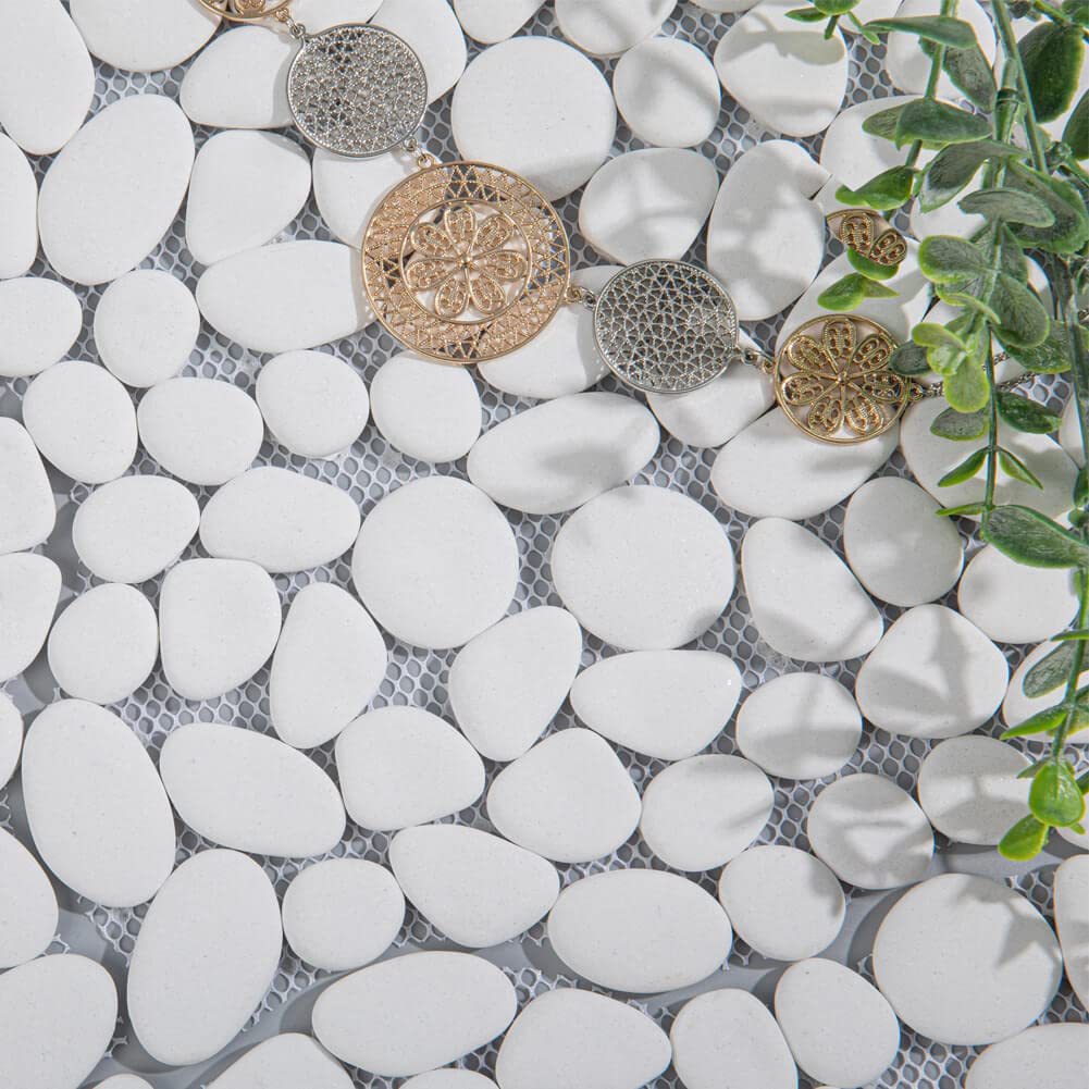 Diflart White Pebble Backsplash Tile Polished for Kitchen Shower Floor Wall Tiles Pack of 5 Sheets