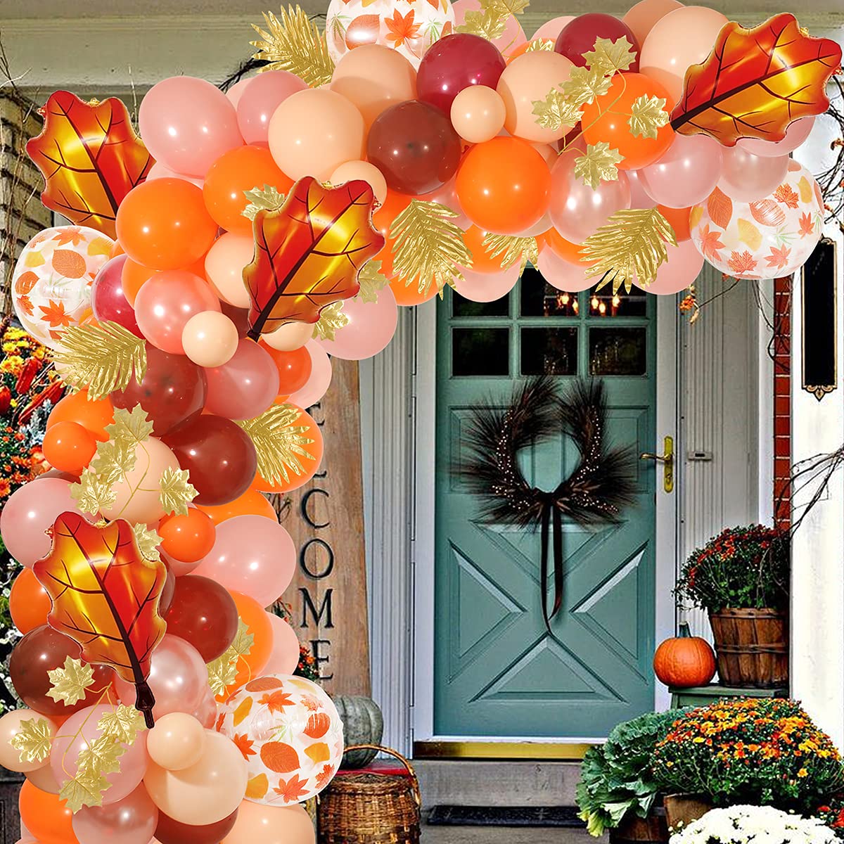 Fall Balloons Garland Kit,157 Pack Orange Brown Confetti Balloons 16Ft Balloon Arch Strip Maple Leaves for Autumn Harvest Birthday Thanksgiving Party Fall Decorations