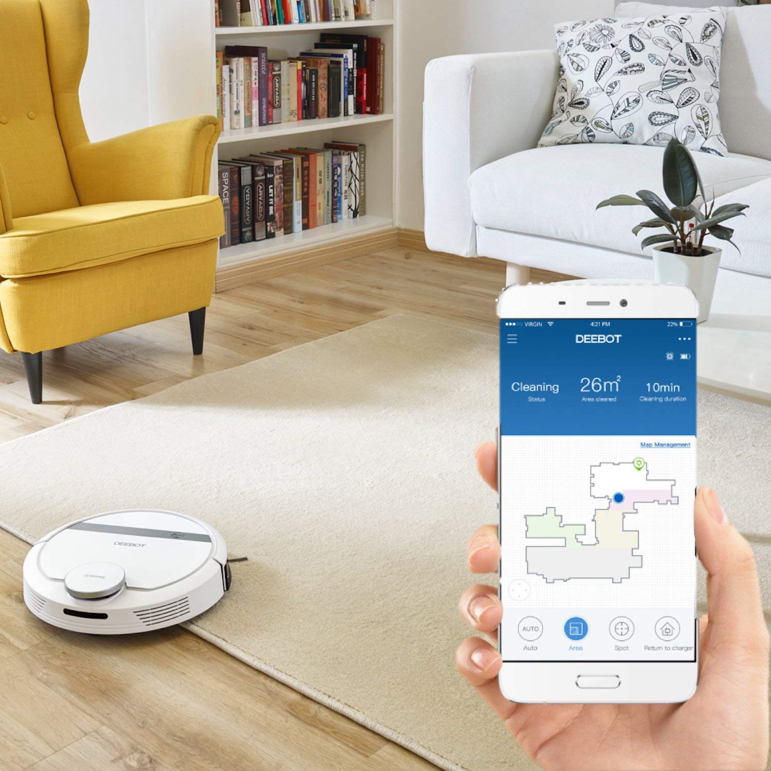 ECOVACS DEEBOT 900 Smart Robotic Vacuum, Carpet, Bare Floors, Pet Hair plus Mapping Technology, High Suction Power, WiFi, with Alexa, Google Assistant White (Renewed)