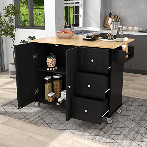 MACHOME Rolling Mobile Kitchen Island Cart with Storage on Locking Wheels, Kitchen Cart w/Solid Wood Top and Breakfast Bar, Kitchen Storage Cabinet w/ 3 Drawers, 52.76" L x 29.50" W x 36.8" H,-Black