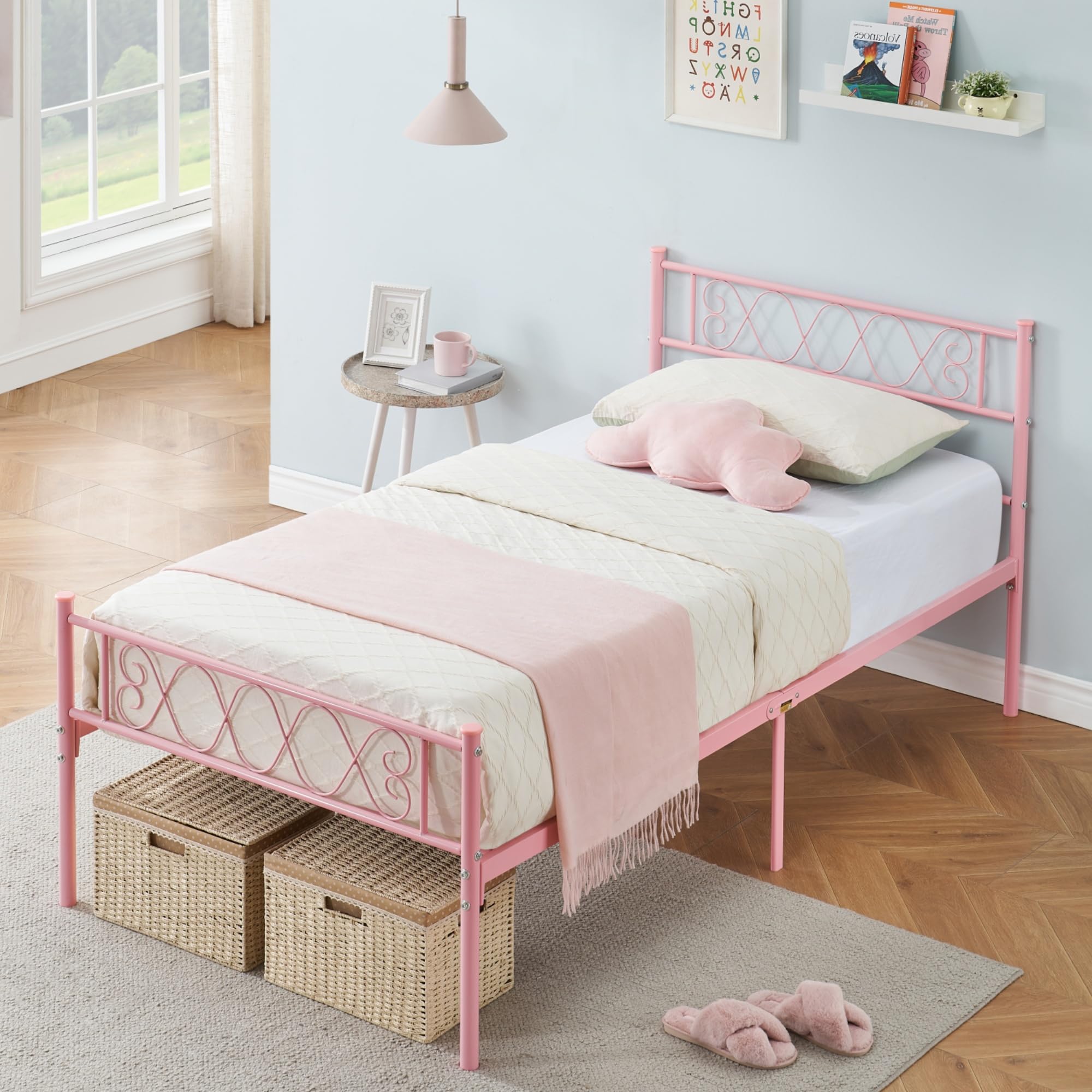 IDEALHOUSE Pink Metal Twin Bed Frame with Headboard and Footboard for Girls and Boys, Twin Size Platform Bed Frame with Iron-Art Sweet Heart, No Box Spring Needed, Easy Assembly