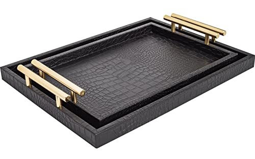 MACVAD Set of 2 Modern Elegant Large Wood Serving Tray, Black Crocodile Leather with Gold Polished Metal Handles, Rectangle Decorative Tray for Ottoman Coffee Table Living Room