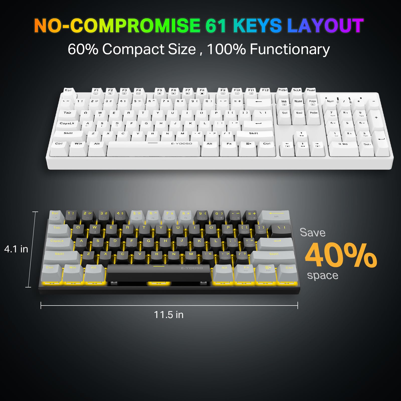 E-YOOSO 60% Mechanical Keyboard, Red Switches Mechanical Gaming Keyboard Wired with LED Backlit, Ultra-Compact 60 Percent Computer Keyboard for Windows, Mac OS (Grey Black)