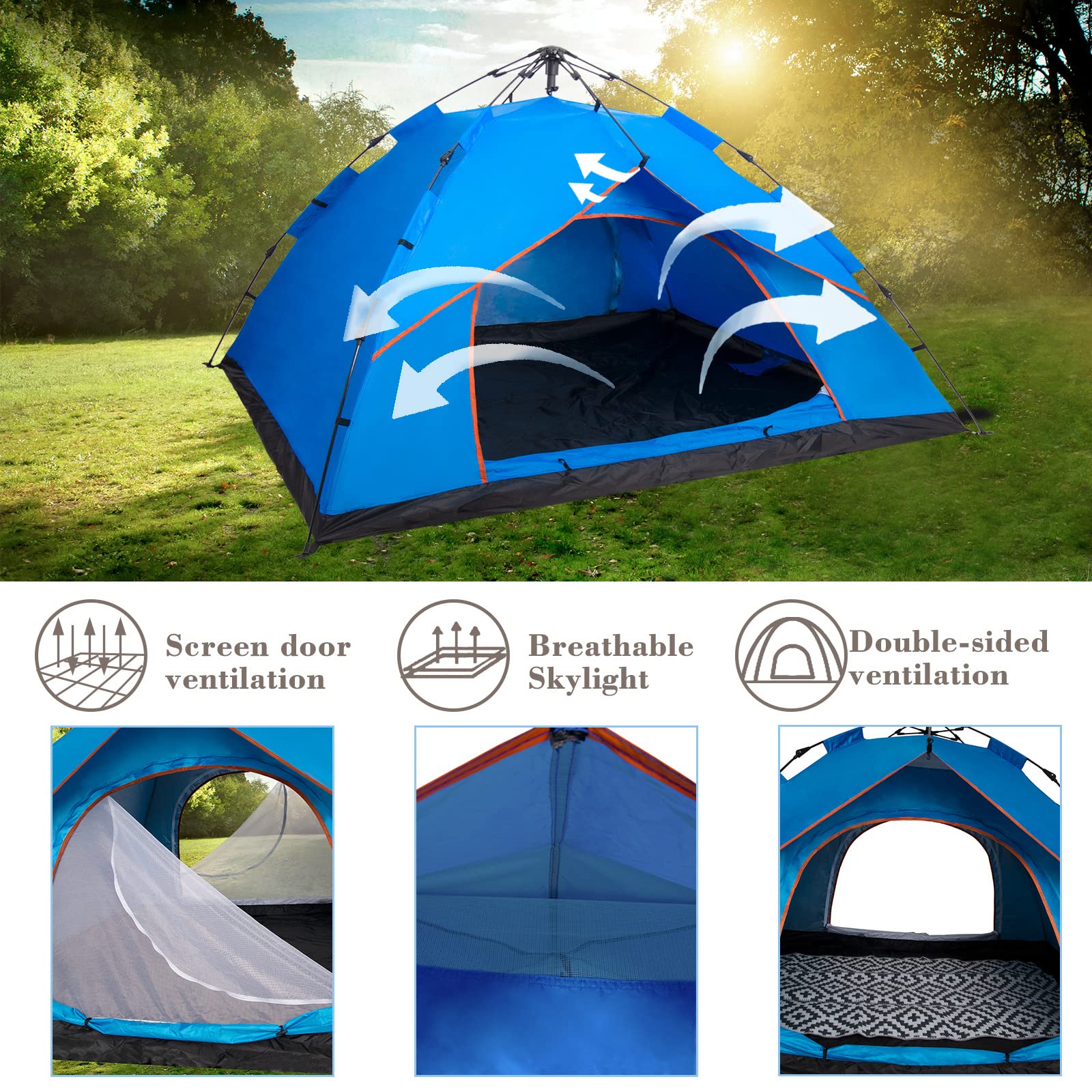 DIMAR GARDEN Pop Up Camping Tent 4 Person Instant Automatic Tent,Outdoor Quick Setup Tent,Blue