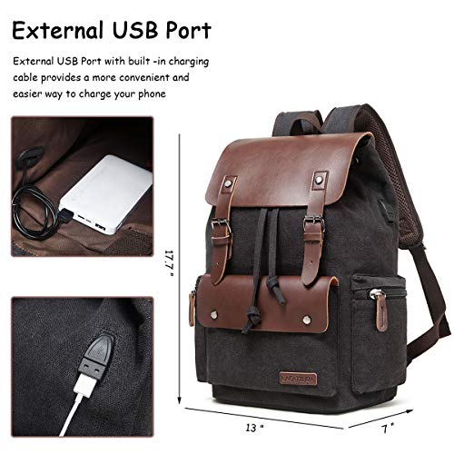 LACATTURA Vintage Leather Backpack for Men and Women, Denim Canvas College Travel Laptop Rucksack Vegan Daypack - Black