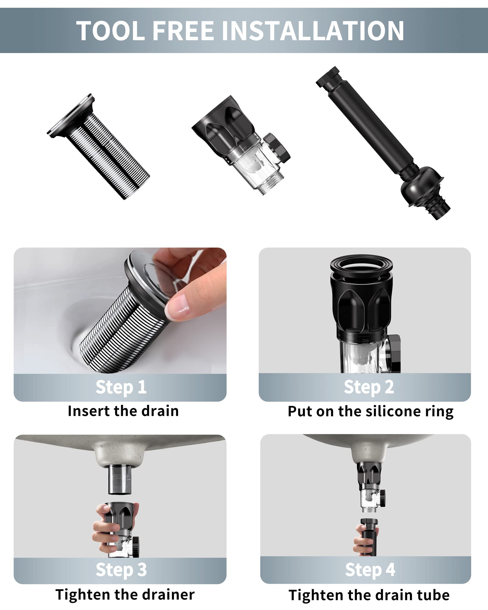 KKDFTU® 2 in 1 Bathroom Sink Drain Kit with Flexible & Expandable P-Trap, Suitable for 1-1/2'' Drain Hole, Pop Up Drain with Built-in Anti-Clogging Stopper Fits Overflow or No Overflow Vessel Sink