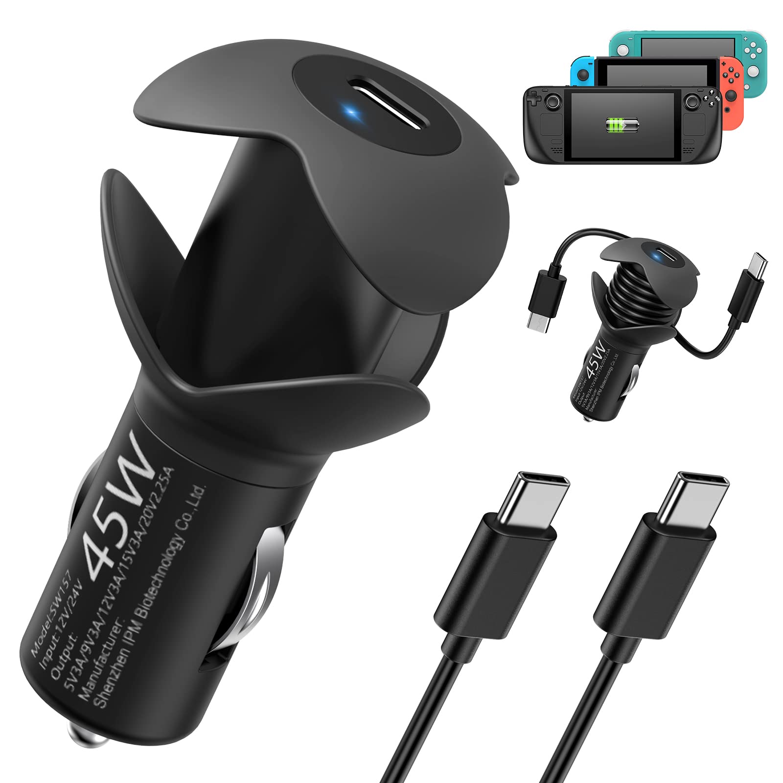 Fast Car Charger for Steam Deck with Winding Cable Device, MENEEA 45W PD 3.0 Mini Charger with 3.9ft USB C Charging Cable, Accessories for Steam Deck/Nintendo Switch/Lite/PS5 Controller/Phone/Tablet