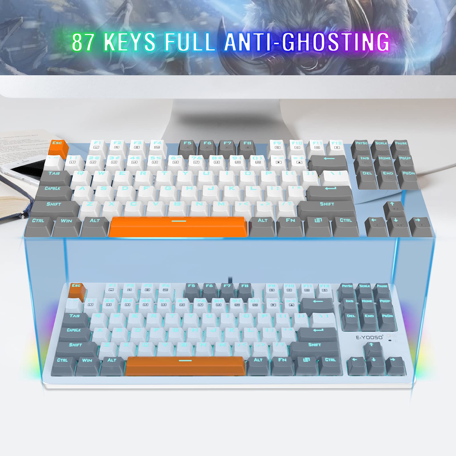 E-YOOSO Mechanical Gaming Keyboard, Wired 75% Mechanical Keyboard with Red Switches, 87 Keys Gaming Keyboard with Solid Color Backlit & RGB LED Sidelight for Windows Mac PC Gaming