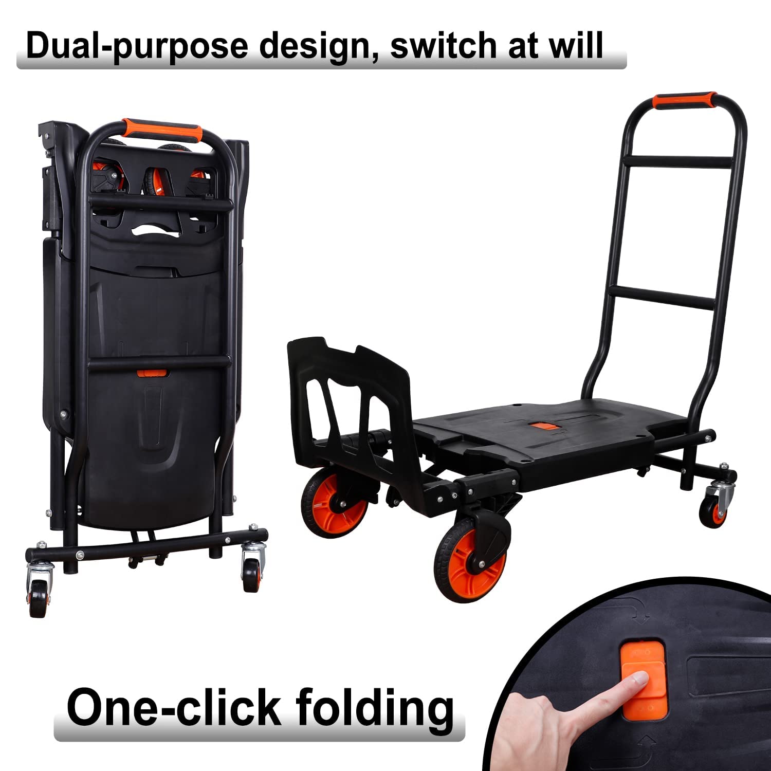 Joric Folding Hand Truck Portable Dolly Cart, One-Button Folding Portable Flatbed, Dual-Purpose Design, Switch at Will, 330lbs Capacity Hand Cart, Suitable for Transportation, Baggage Handling Use
