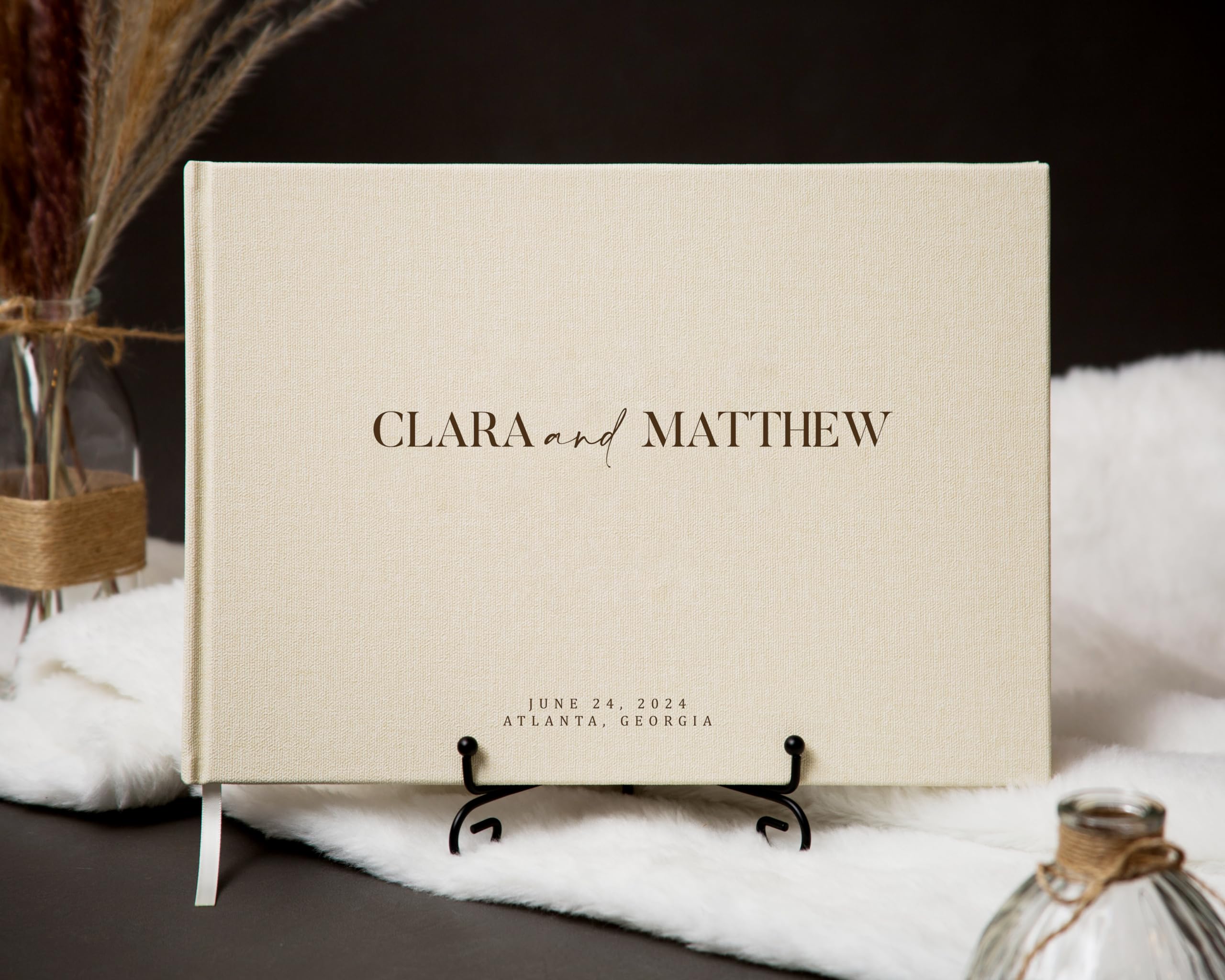 Personalized Guest Book - 11.5" x 8.5" Premium Custom Guest Signing Book with Bookmark and Blank Pages for Wedding Reception Table Decoration Engagement Birthday Party Event, Cream