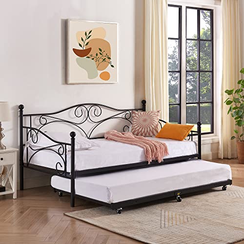 VECELO Premium Daybed Metal Bed Frame Twin Size Steel Slat Support/Strong Legs Headboard/Mattress Foundation, Multi-Functional Furniture