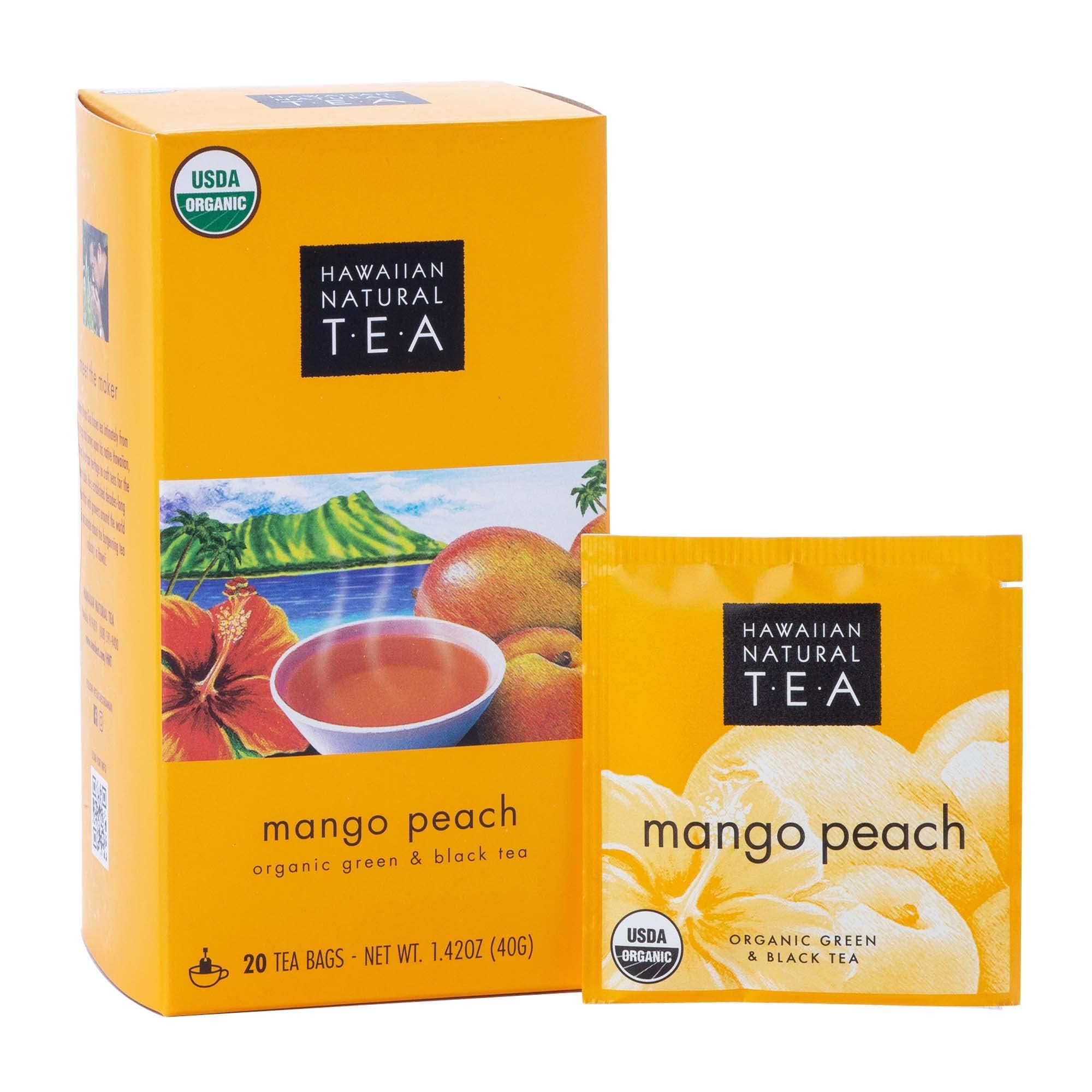 Hawaiian Natural Tea Mango Peach Flavored Organic Tea - Tropical Fruit Green Tea Blend with Black Tea - Perfect Daily Cup & Gift for Tea Lovers - 20 Tea Bags