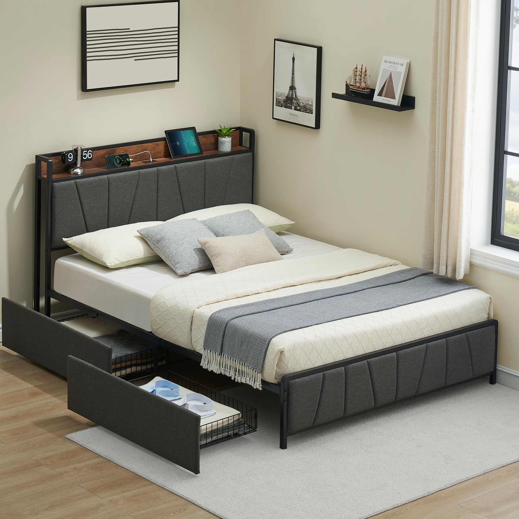IDEALHOUSE Twin Size Bed Frame with 2 Storage Drawers and Charging Station, Upholstered Platform Bedframe with Storage Headboard, Heavy Duty, No Box Spring Needed, Easy Assembly, Noise Free, Grey