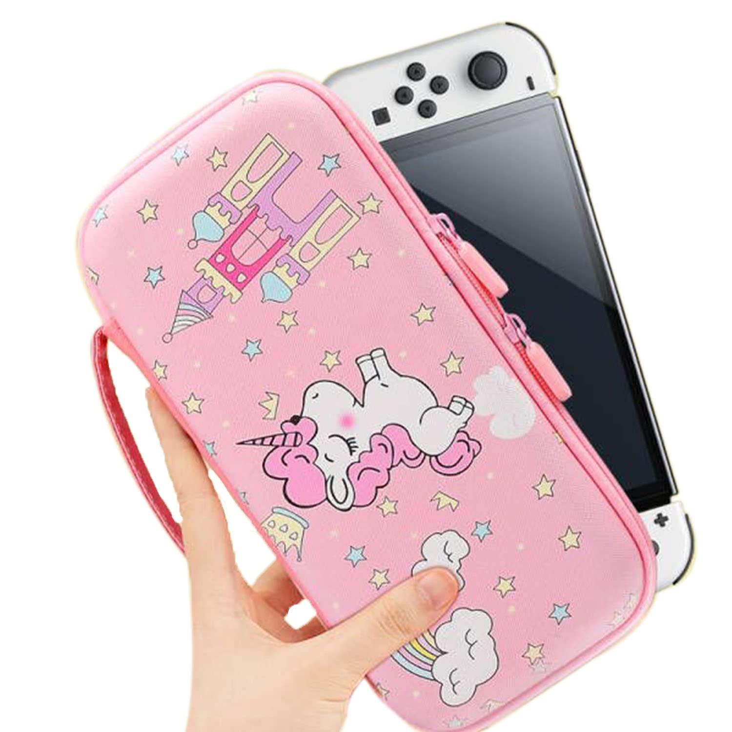 EMOZNY Switch OLED Case,Unicorn Switch Accessories for Girls,Cute Carrying Case for Nintendo Switch OLED Hard Shell Pink