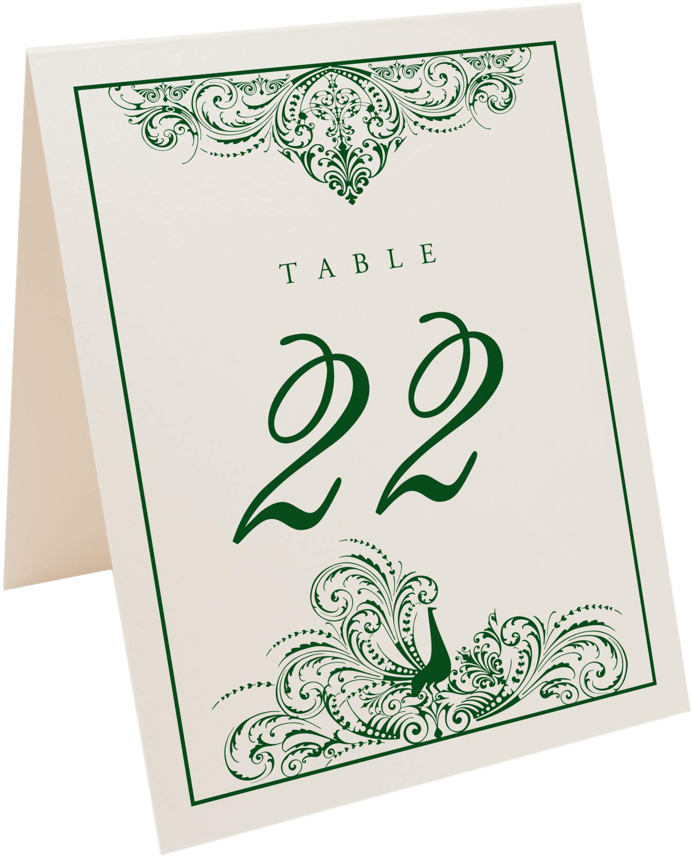 Peacock Flourish Wedding Table Numbers (Select Color/Quantity), Champagne, Hunter Green, 1-15, Double Sided, Tent or Use in a Stand, Great for Parties & Restaurants