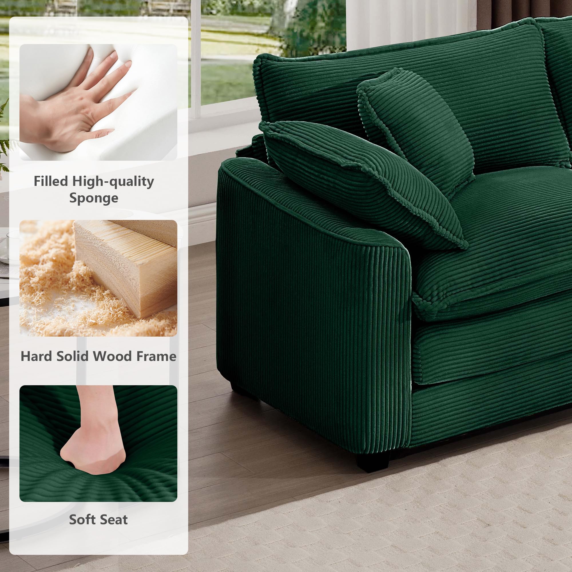 mikibama Luxury Modular Sectional Sofa Chair, 45 Inch Modern Corduroy Comfy Cloud Couches for Living Room Office Bedroom, Deep Sofa Chair with 1 Toss Pillows, Green