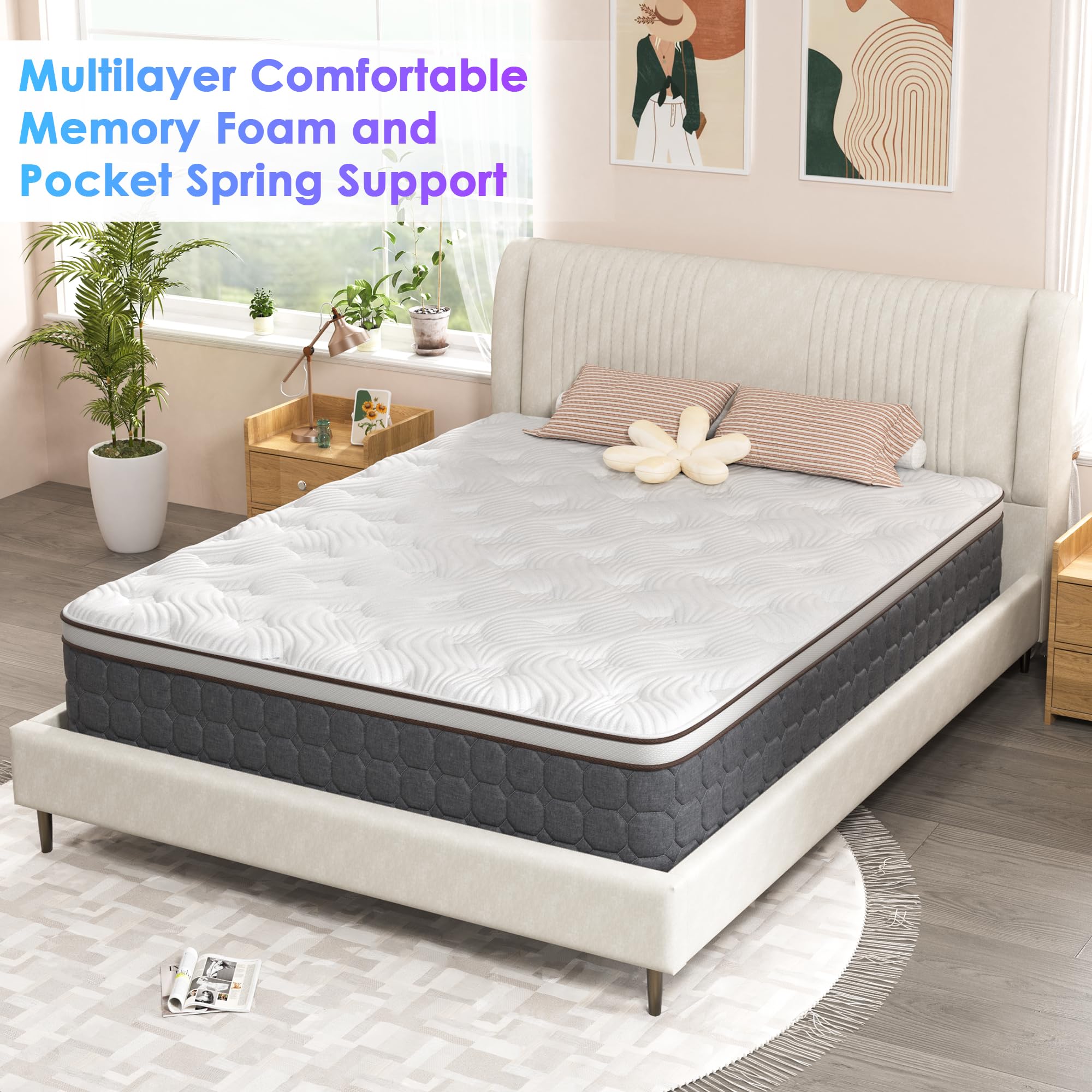 MPZHJENS Queen Mattresses, 12 Inch Hybrid Queen Size Mattress, Queen Bed Mattress with Memory Foam and Pocket Spring, CertiPUR-US