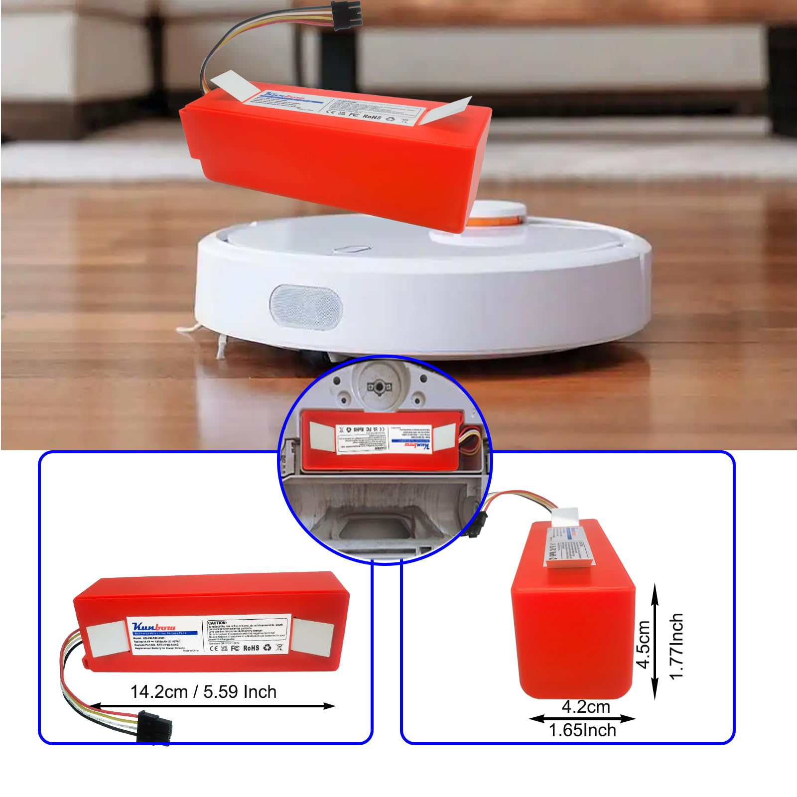 kunbow 6800mAh Li-ion Battery,Replacement Battery for Xiaomi Mi Robot,Mijia 1. and 2. Generation,Mijia Roborock S4,S5,S6,S7,Mijia Roborock S50,S51,S55,S60,E201 Vacuum Cleaner (14.4V/97.92Wh)