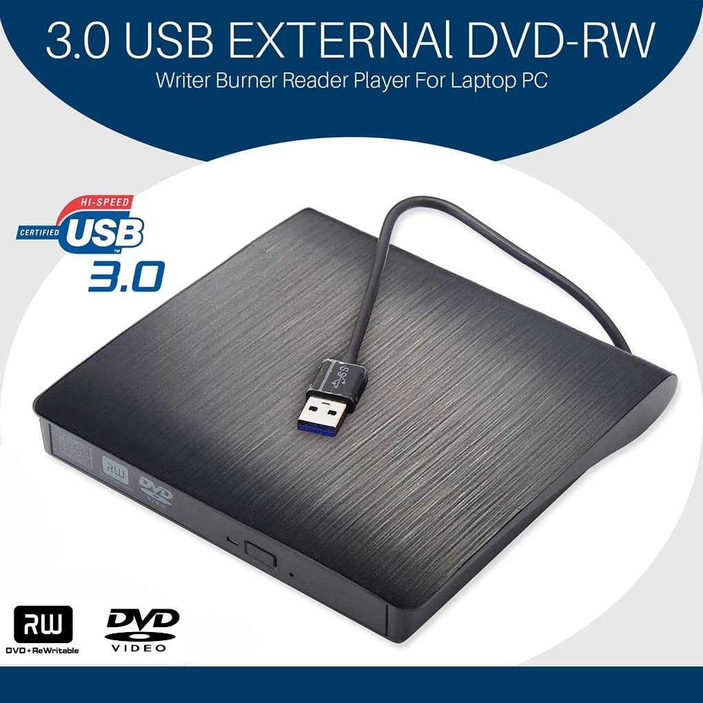 IKURLY External DVD Drive, USB 3.0 Portable CD/DVD +/-RW Drive/DVD Player for Laptop CD ROM Burner Compatible with Laptop Desktop PC Windows Linux OS Apple Mac Black