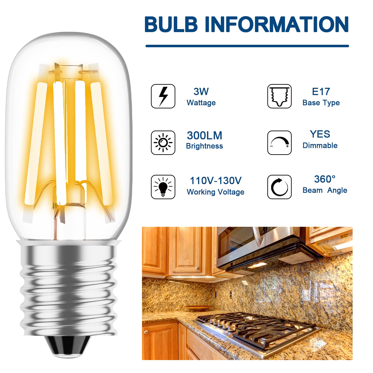 E17 LED Bulb Dimmable, 3W Microwave Light Bulb, 2700K Warm/Soft White T7 Clear LED Bulb, 25W Incandescent Replacement for Kitchen Microwave, Over Stove Appliance, Range Hood, Refrigerator (2 Pack)