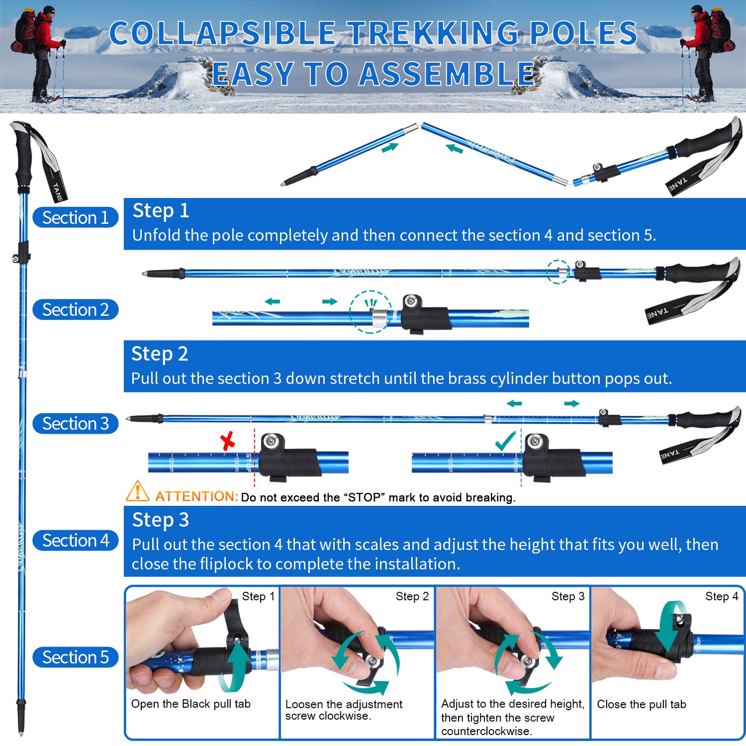 Esup Trekking Poles for Hiking Collapsible Aluminum Alloy 7075 Hiking Poles 2pc Pack Adjustable Quick Lock for Camping, Hiking, Outdoor(Blue)