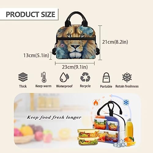 Pinupub 3 In 1 Kids Backpack Set Blue Lion Flowers Print 17 Inch Large Elementary School Bag With Lunch Bag And Pen Bag