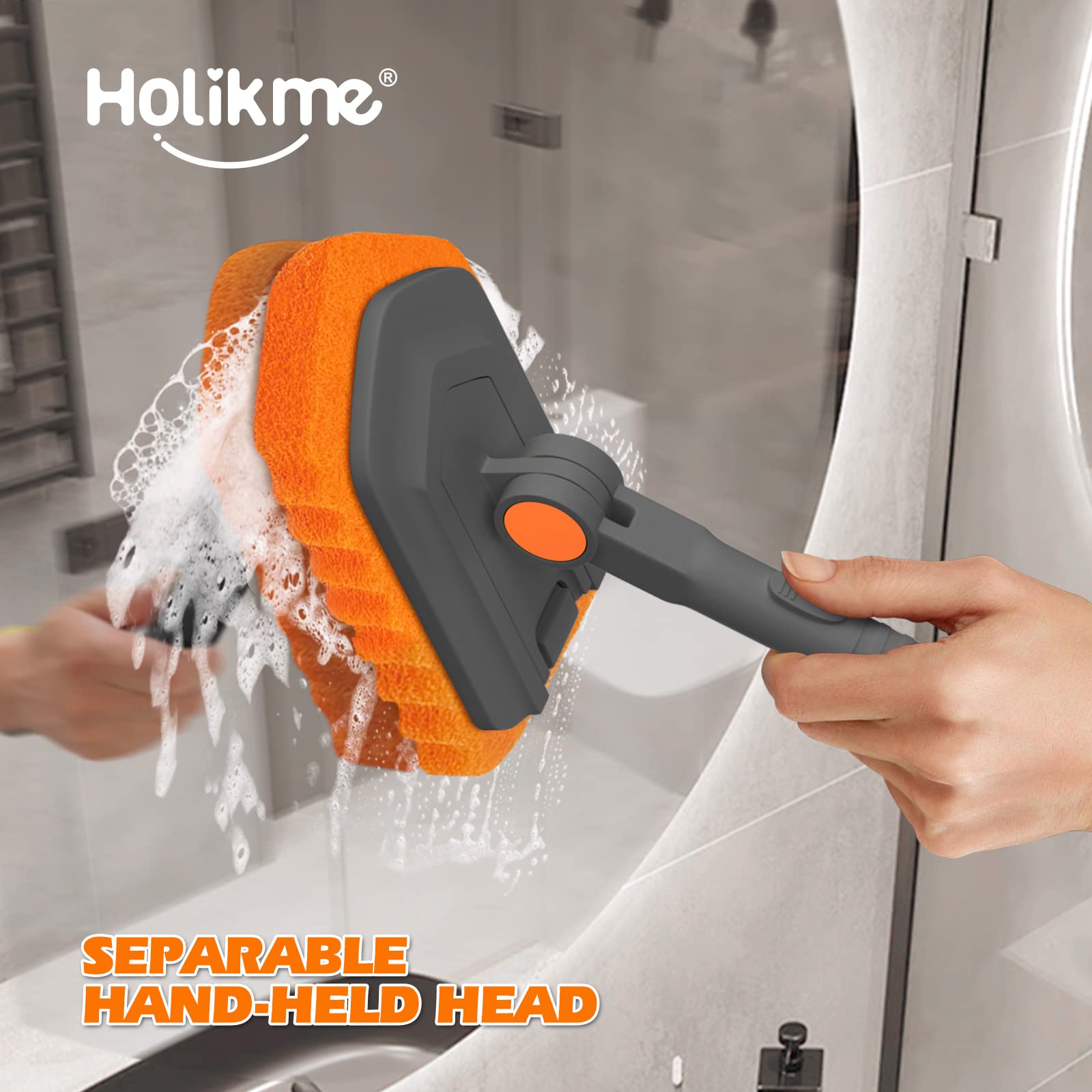 Holikme Shower Bathtub Scrubber for Cleaning with 3 Pack Scouring Pads Extendable Tub and Tile Scrubber Tools for Bathtub Shower Bathroom, Orange