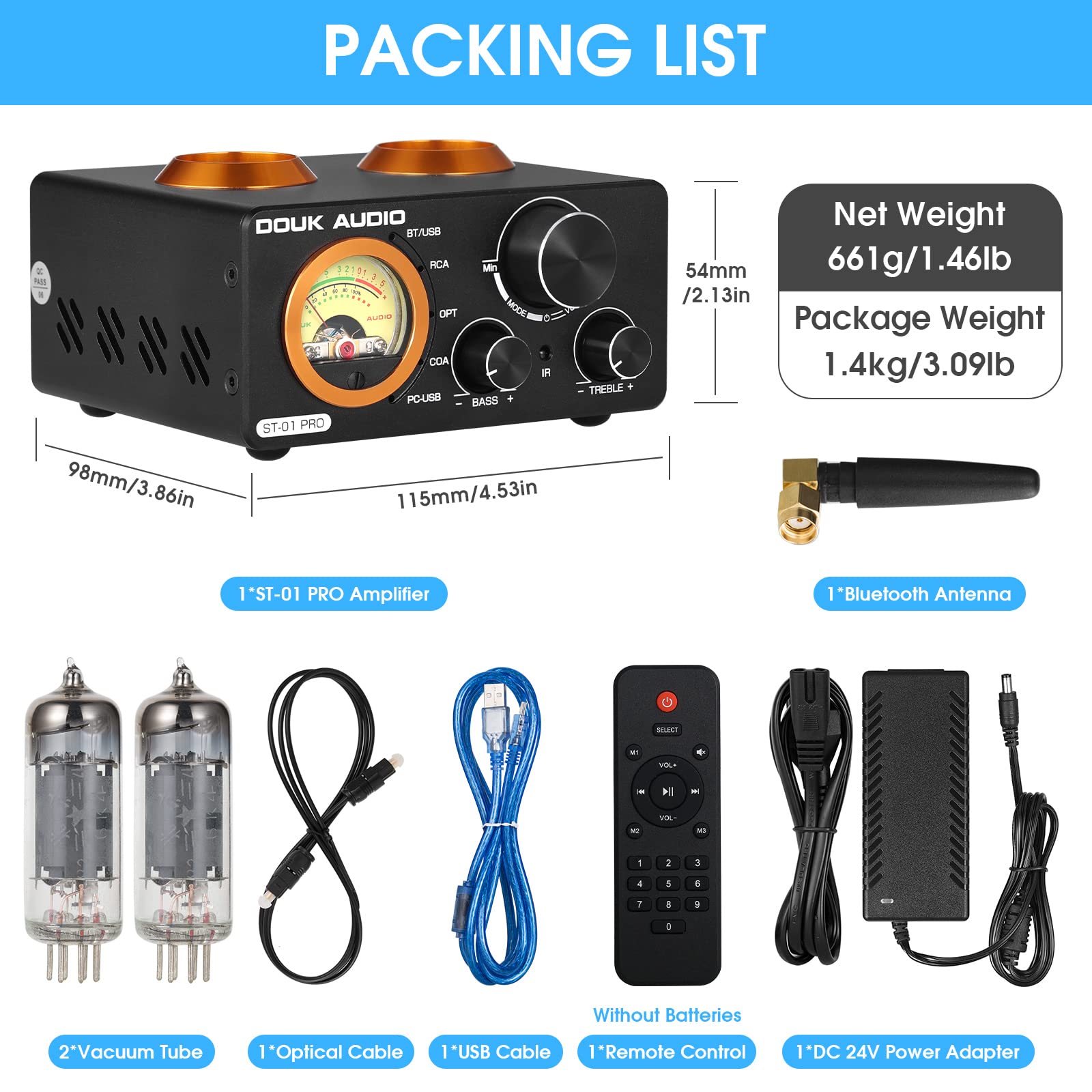 Douk Audio ST-01 PRO 200W Bluetooth Amplifier, 2 Channel Vacuum Tube Power Amp with USB DAC/Coaxial Optical Inputs/VU Meter/Treble Bass Control for Home Theater/Stereo Speakers (Upgrade Version)