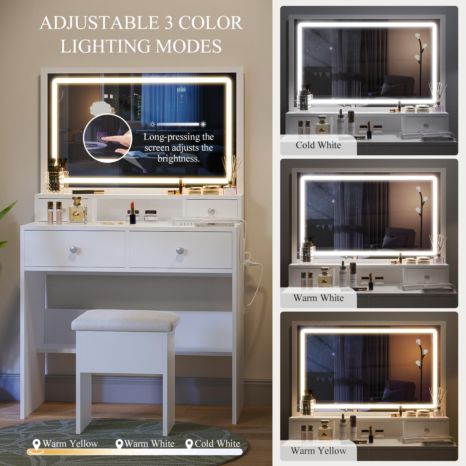 Haewon Vanity Desk with Mirror and Lights, Makeup Vanity Set with 4 Drawers, Power Outlets, and USB Ports, White Vanity with LED Vanity Mirror