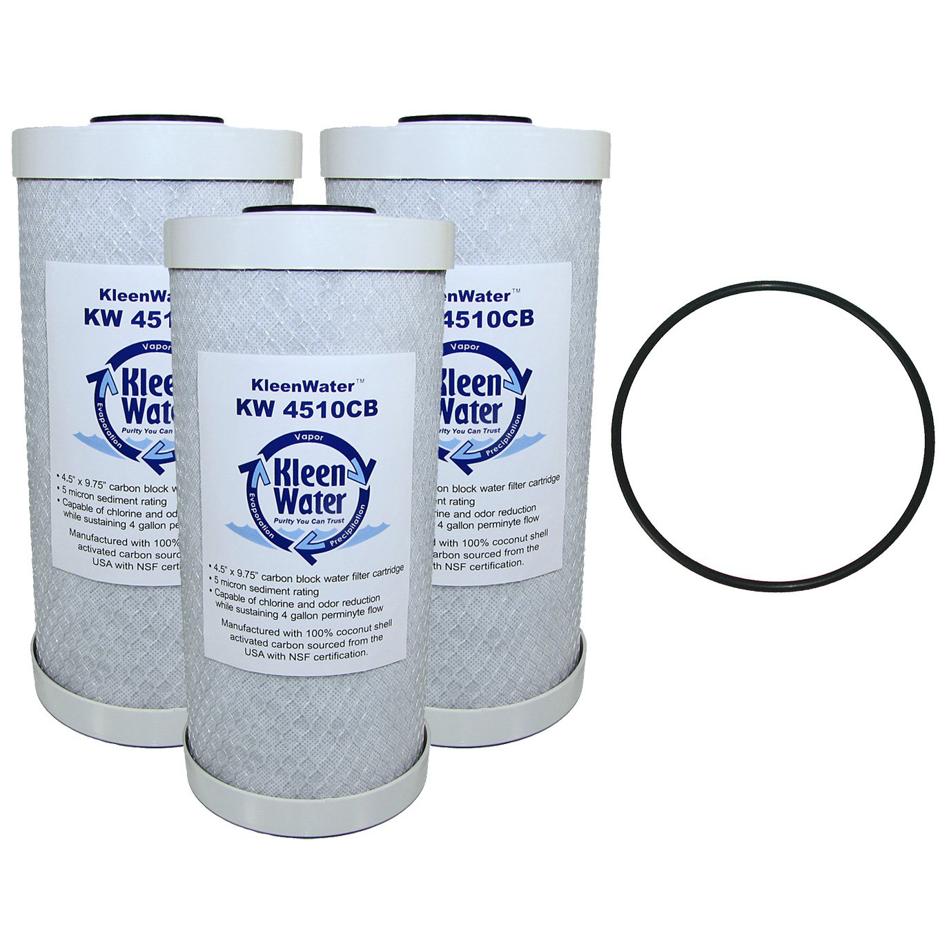 KleenWater KW4510CB Carbon Block Water Filter Cartridges, Set of 3, Replacement O-Ring (1), Compatible with 32-425-125-975, RFC-BB, WHEF-WHHPCBB, CBC-BB and EP-BB