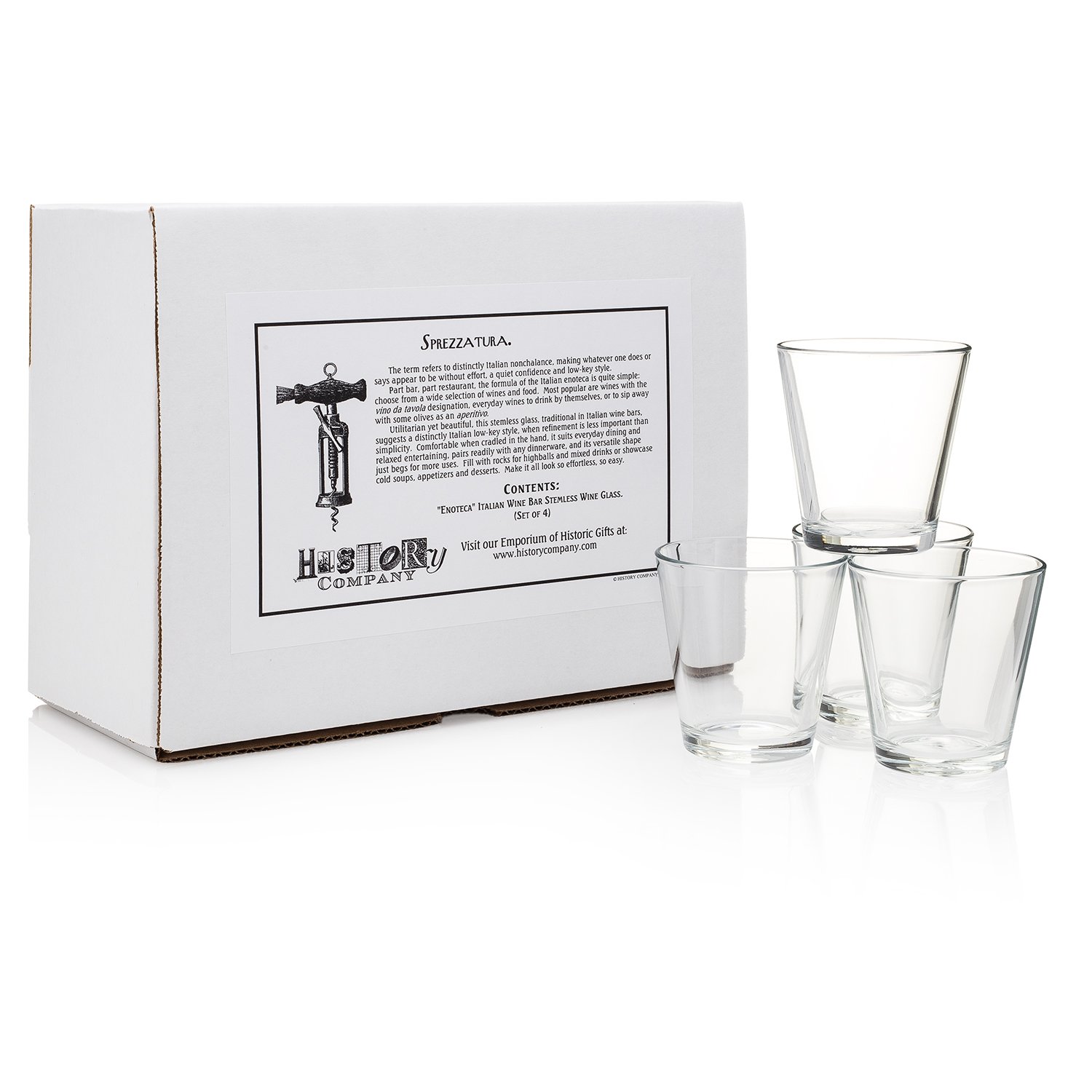 HISTORY COMPANY Enoteca Italian Wine Bar Stemless Wine Glass 4-Piece Set (Gift Box Collection)