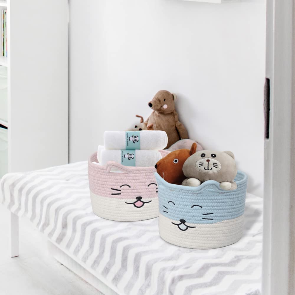 Small Woven Cotton Rope Storage Basket,2 Pack Cute Cat Cotton Rope Baskets with Handle,Baby Nursery Organizer for Toy Storage Bin | Pet Gift Basket for Cat,Dog,10 x 10 x 7 Inch