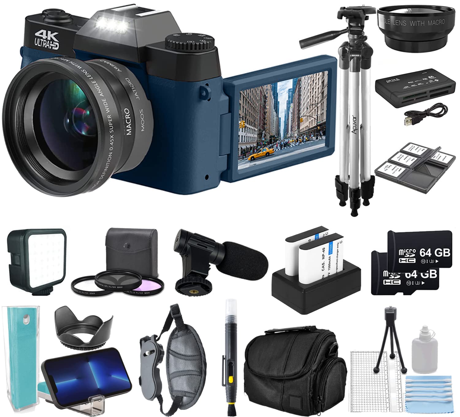 eDealz 4K 48MP Digital Camera Kit for Photography, Vlogging for YouTube w/Flip Screen, WiFi, Wide Angle Lens, Filters, 2X 64GB Micro SD Cards, 50" Tripod, Case, Card Reader, Microphone, LED & More