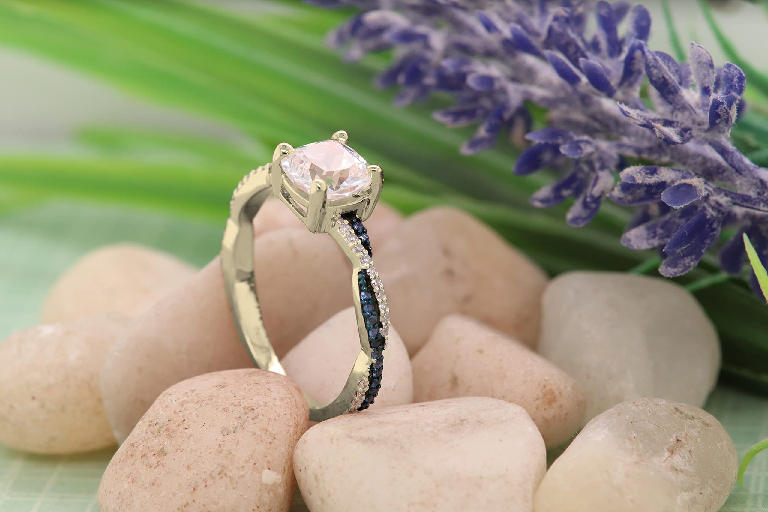 Dazzlingrock Collection 6 MM Cushion Lab Created White Sapphire with Round Blue Sapphire & Diamond Women Engagement Ring | 10K Yellow Gold, Size 9