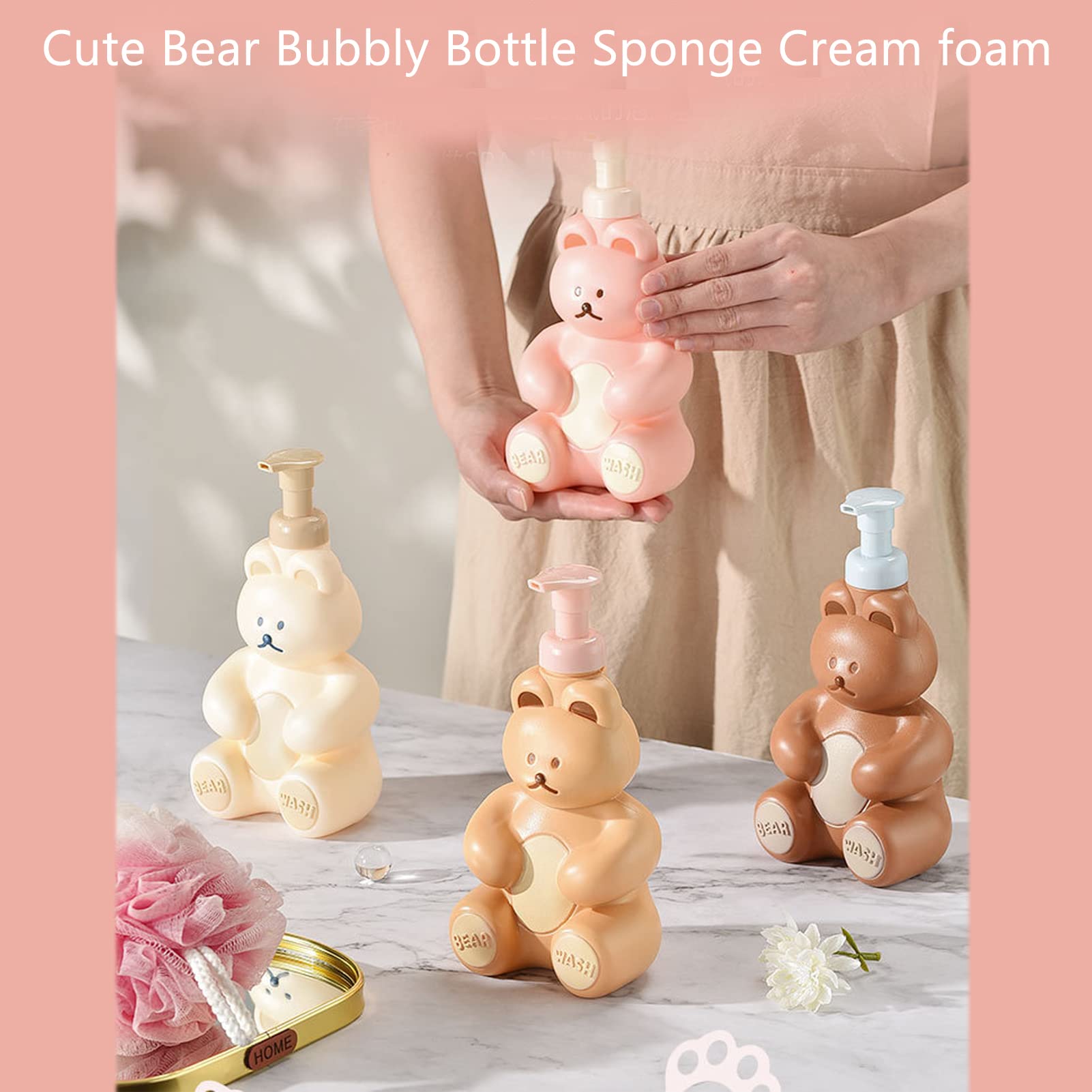 Empty Liquid Hand Dispenser Bottle Cartoon Bear Shape Shower Container Pump Bottle for Hand Washing (Large Milk Tea Color)