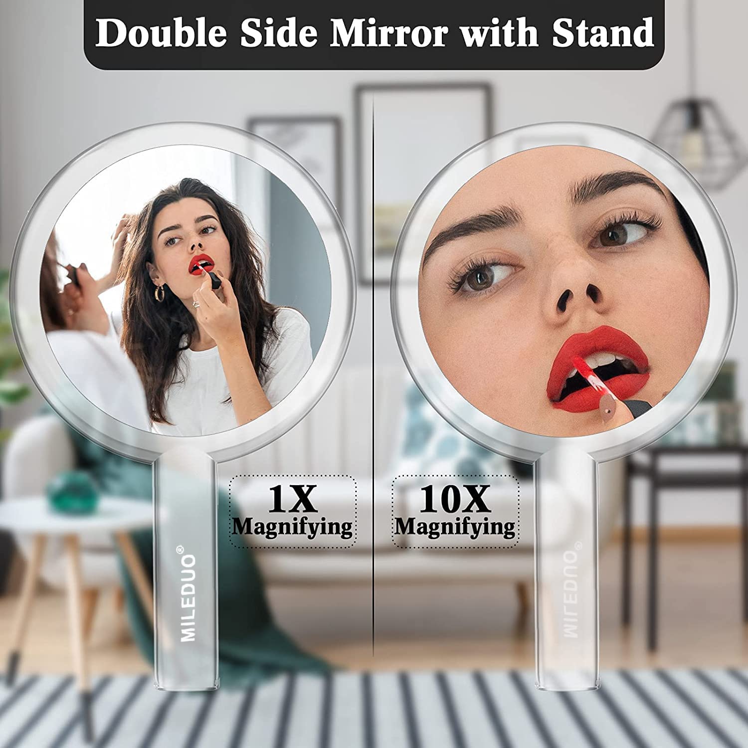 MILEDUO Double-Sided Handheld Mirror with Stand 1X/10X Magnifying Mirror with Handle Clear Adjustable Handheld Mirror Round Makeup Hand Mirror for Women Girls Makeup Tools Home Travel Use 2 pcs