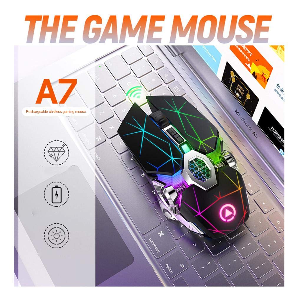 Eachbid Gaming Mouse 2.4GHz Rechargeable Silent Mouse 7 Buttons 800/1200/1600DPI, 7 Color Breathing Lights LED Optical Mouse for PC Laptop Black