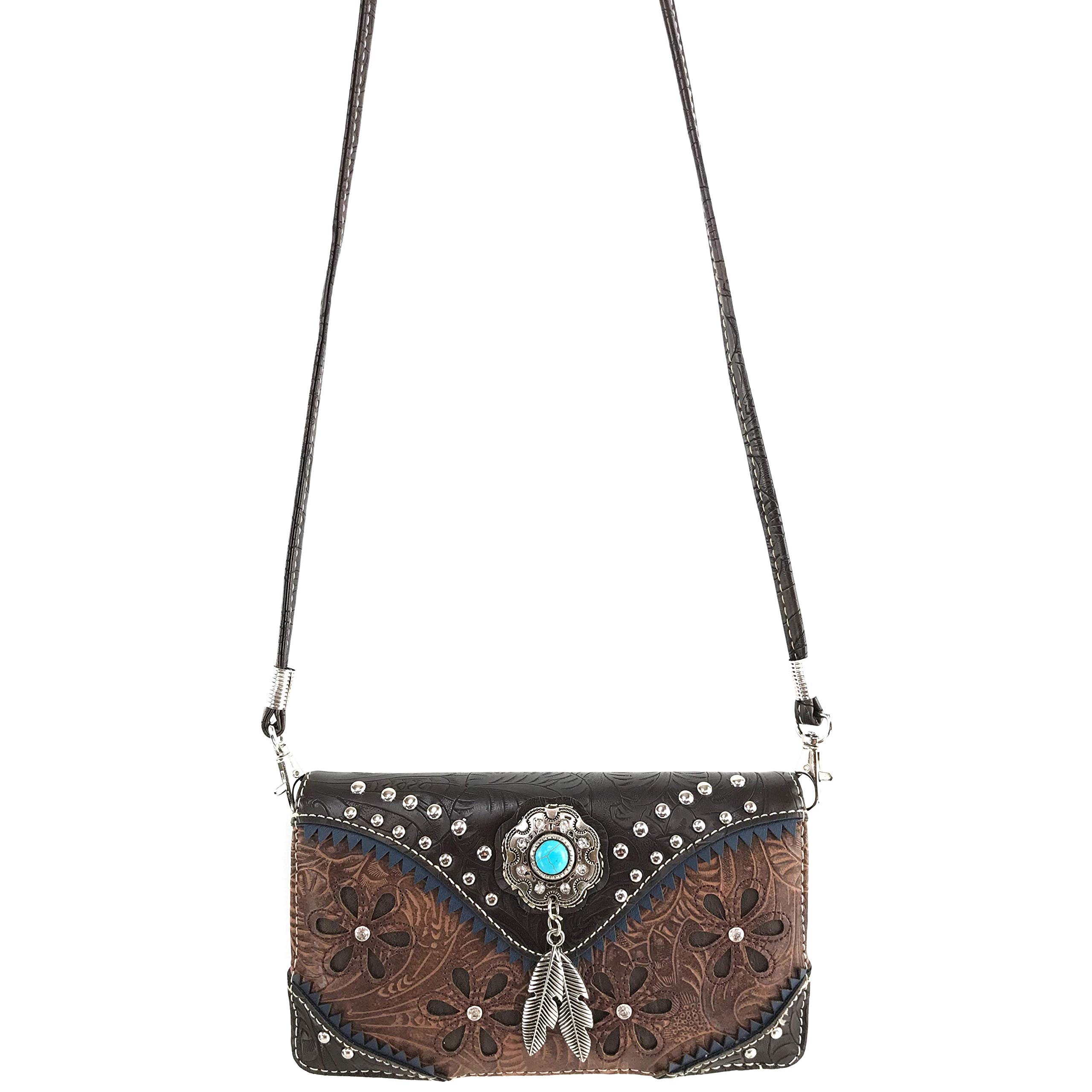 Turquoise Concho Feather Conceal Carry Hobo Handbag Crossbody Wallet Set Brown